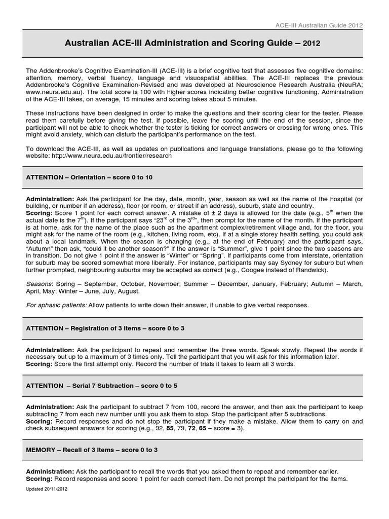 ACE-III Scoring (Australian) | Recall (Memory) | Neuropsychological ...