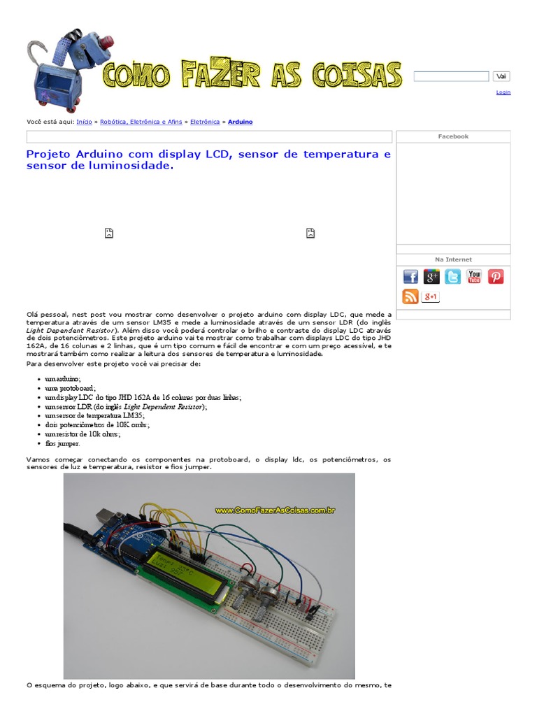 Projeto Arduino Com Display Lcd Sensor De Temperatura E Sensor De Luminosidade Pdf Arduino