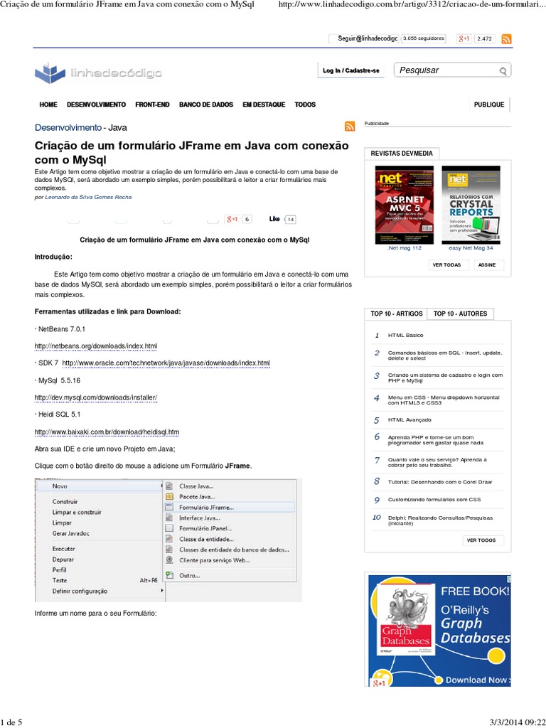 Criação de Um Formulário JFrame em Java Com Conexão Com o MySql PDF ...