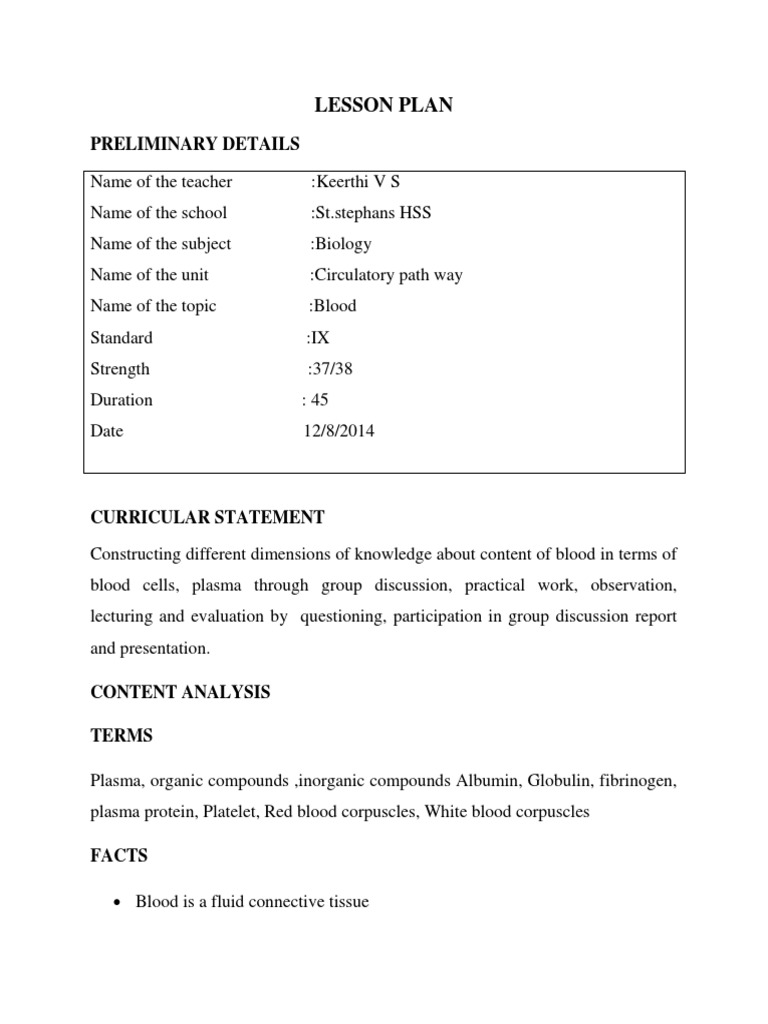 Lesson Plan: Preliminary Details | Download Free PDF | Blood Cell | Blood