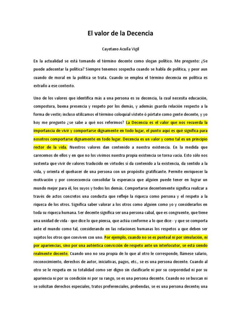 El Valor de La Decencia | PDF | Comprensión | Tolerancia