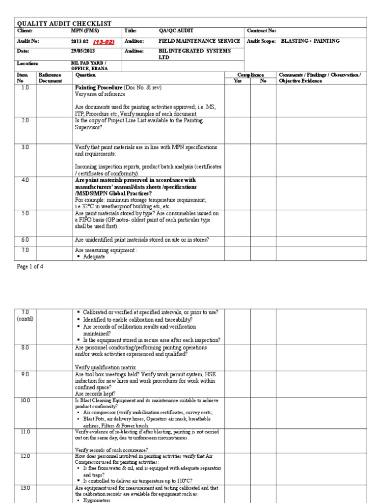Audit Checklist - Blasting Painting1 | PDF | Conservation And ...