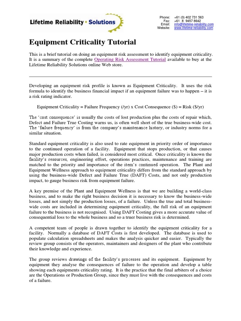 Equipment Criticality Tutorial | PDF | Risk | Risk Management