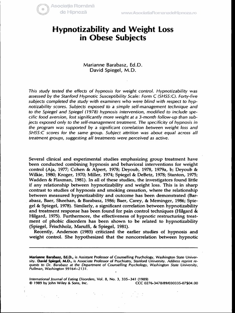 Hypnotizability and Weight Loss in Obese Subjects | PDF | Hypnosis | Bulimia Nervosa