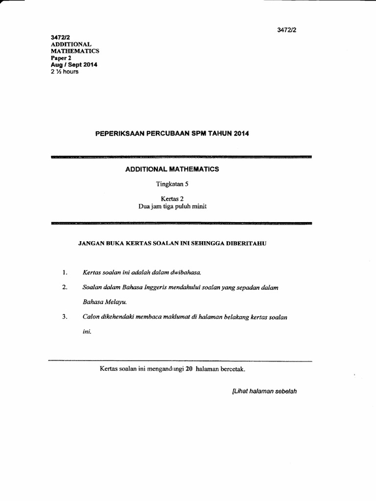Trial Pahang 2014 SPM Add Math K2 Dan Skema (SCAN) | PDF