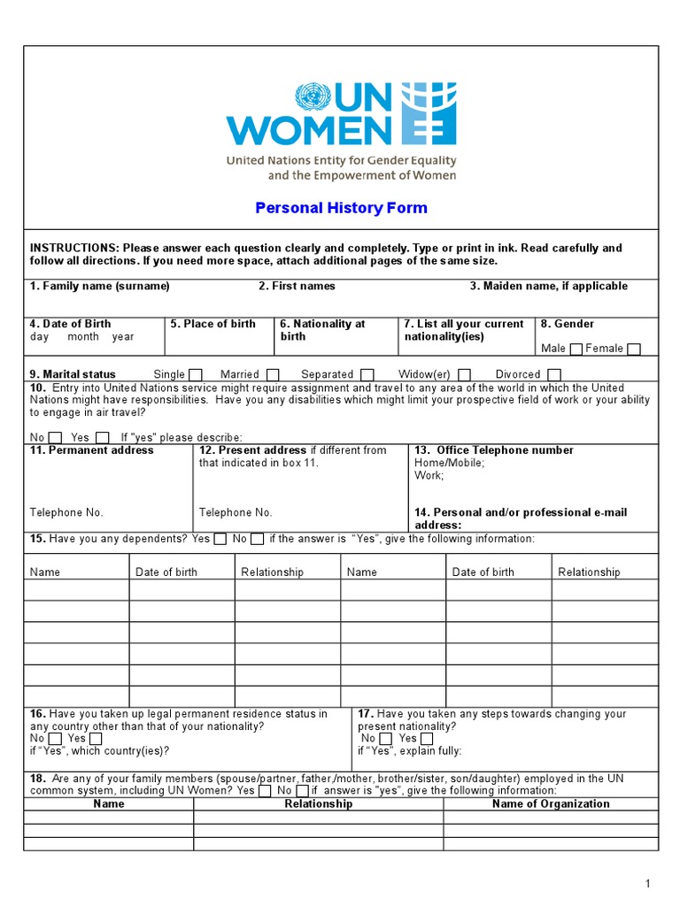 UN Women Personal History Form-P11 | PDF | Social Institutions | Social ...