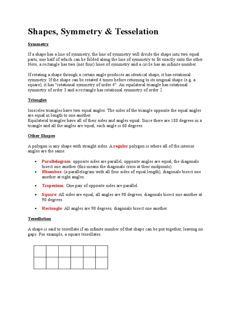 Shapes, Symmetry & Tesselation | PDF