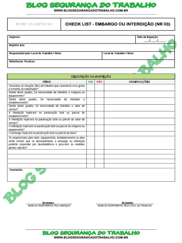 Check List de Embargo e Interdição NR 03 | PDF