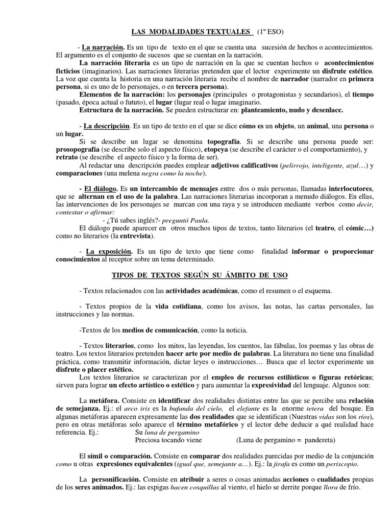 Modalidades Textuales y Géneros Literarios 1º Eso | PDF | Metro (poesía ...