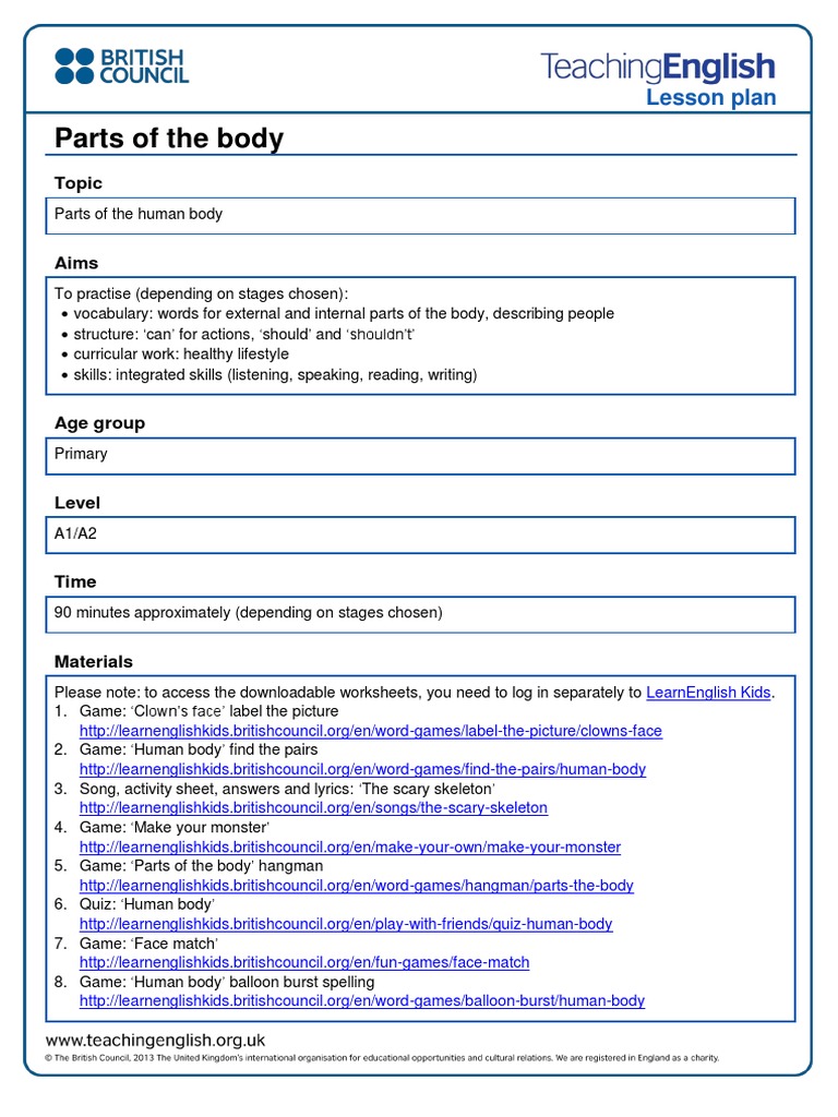 Parts of the Body Lesson Plan | PDF | Lesson Plan | Vocabulary