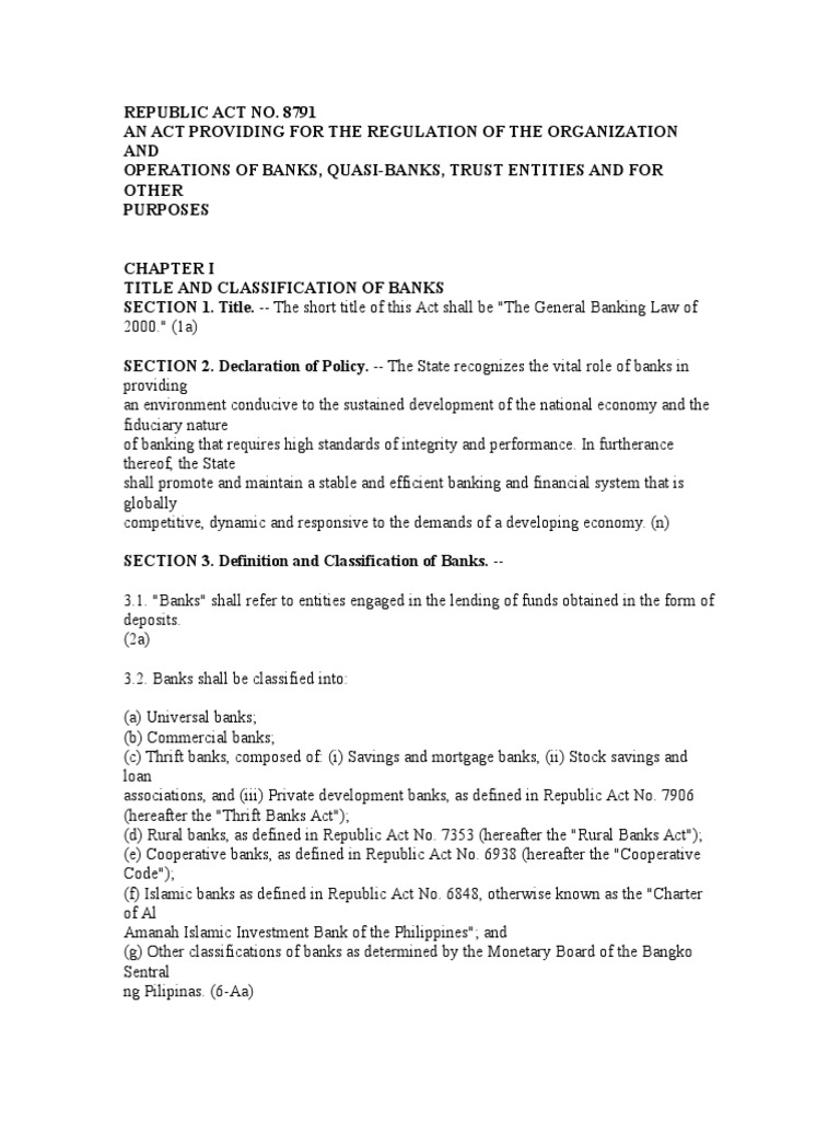 RA 8791-General Banking Law | PDF | Financial Services | Balance Sheet