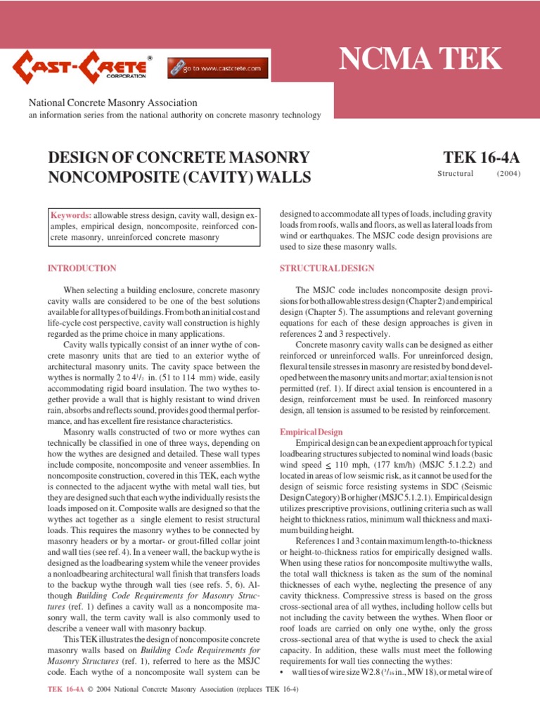 Ncma Tek: Design of Concrete Masonry Noncomposite (Cavity) Walls TEK 16 ...