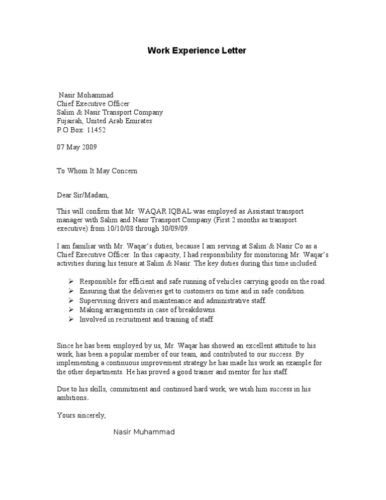 Work Experience Letter | PDF | Business | Transport
