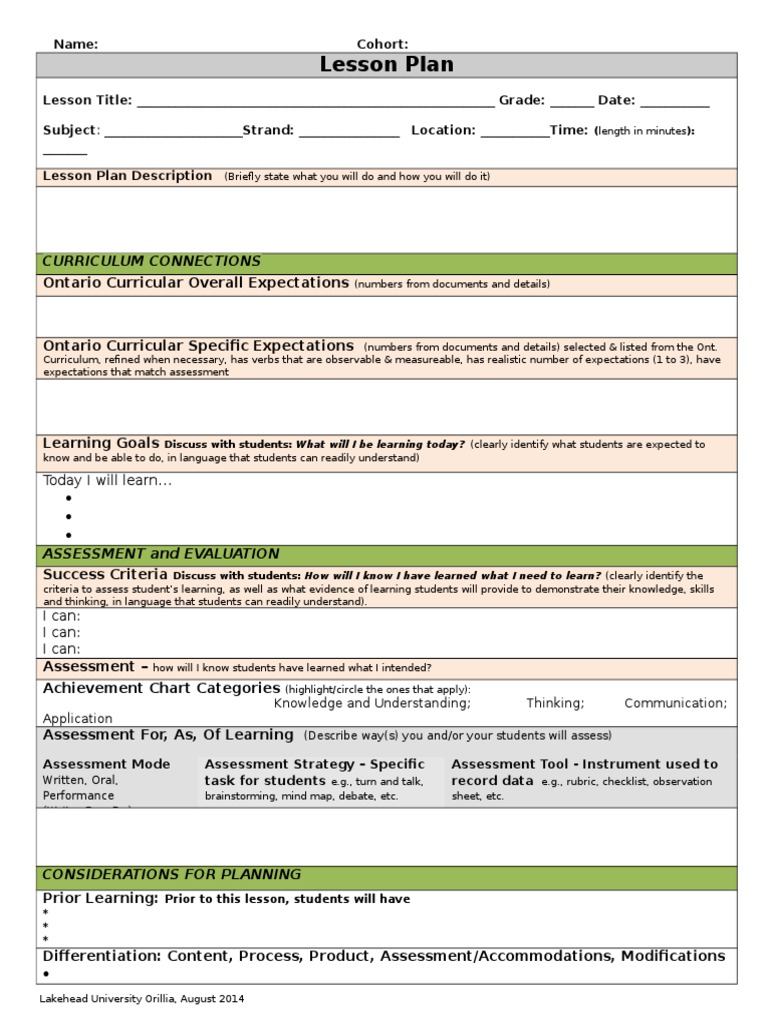 Lakehead Lesson Plan Template | PDF | Educational Assessment | Lesson Plan