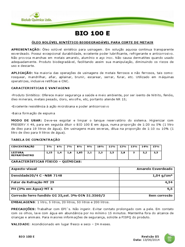 Ficha Técnica BIO 100 E | PDF | Tecnologia e Engenharia