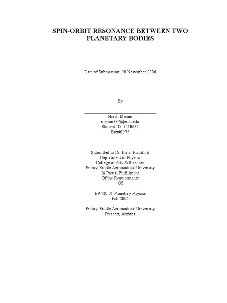 Spin-Orbit Resonance in Planetary Bodies | PDF | Mercury (Planet) | Orbit