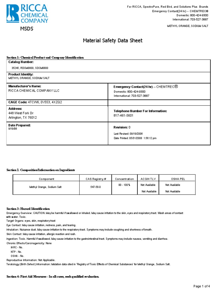 Methyl Orange Powder MSDS | Chemical Substances | Chemistry