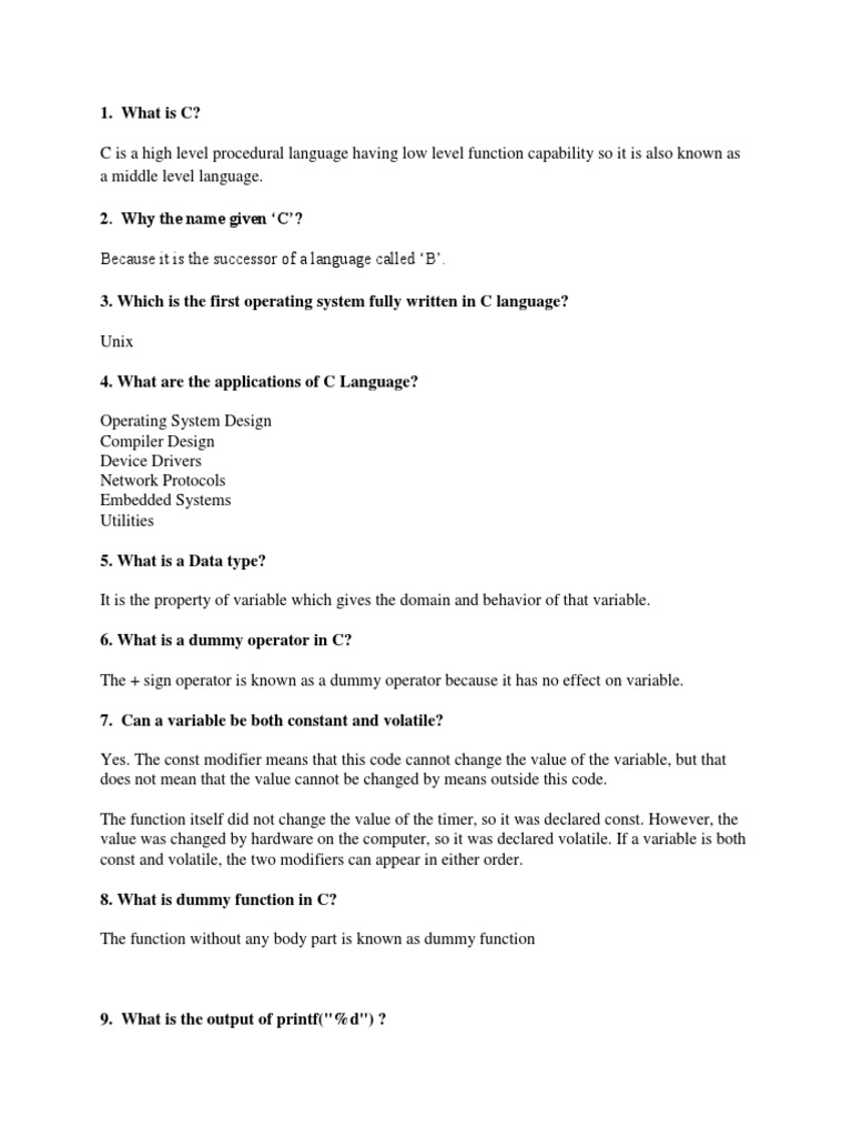 Basic C Questions | PDF | C (Programming Language) | Pointer (Computer Programming)