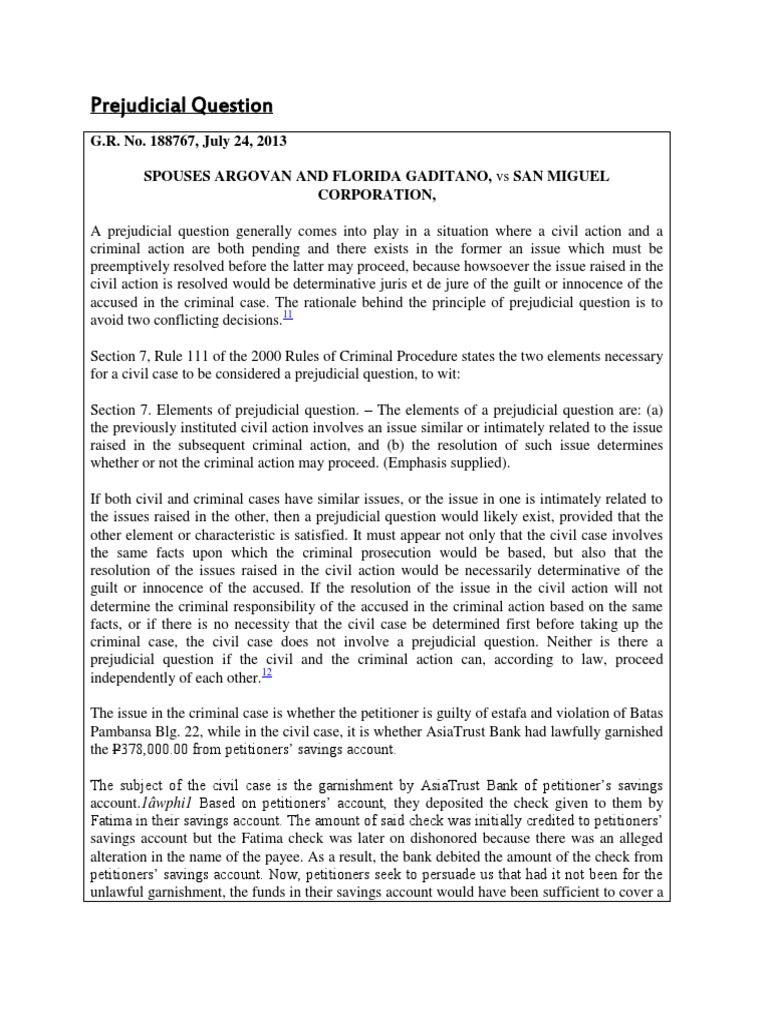 Prejudicial Question: G.R. No. 188767, July 24, 2013 Spouses Argovan ...