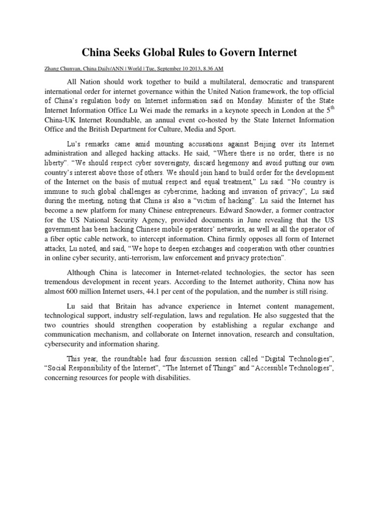 China Seeks Global Rules To Govern Internet | PDF | Computer Security ...