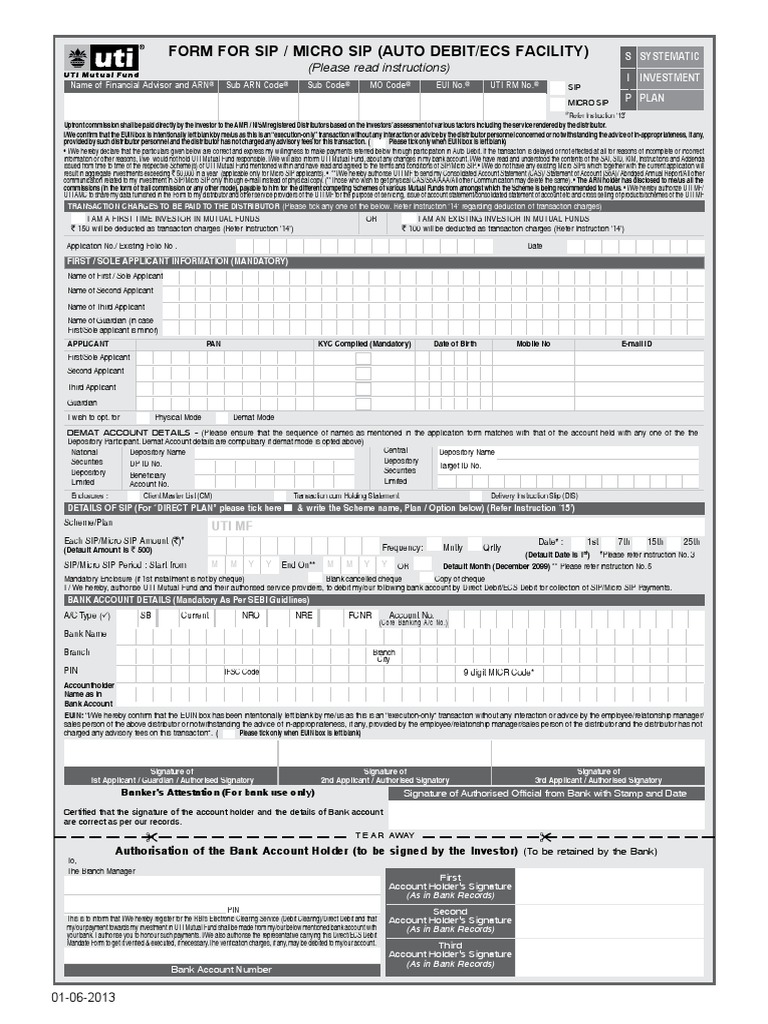 UTI Mutual Fund SIP Application Form | PDF | Payments | Banking