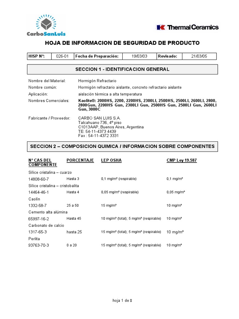 Kaolite 2300 Hoja Seguridad | PDF | Química | Salud y bienestar
