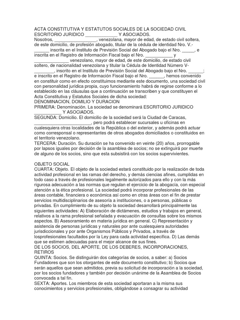 Acta Constitutiva y Estatutos Sociales de La Sociedad Civil Escritorio Juridico | PDF | Sociedad ...