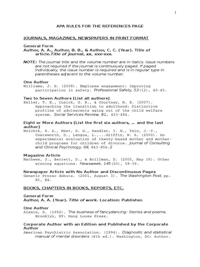 APA RULES FOR THE REFERENCES PAGE.doc | Citation | Reference