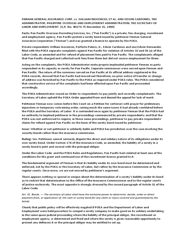 Finman Vs Inocencio - Insurance | PDF | Surety Bond | Guarantee Finman Vs Inocencio - Insurance | PDF | Surety Bond | Guarantee