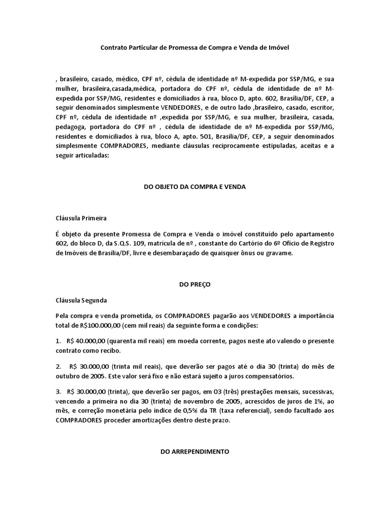 Contrato Particular de Promessa de Compra e Venda de Imóvel | Dinheiro ...