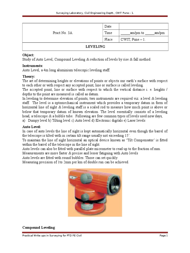 Leveling Object: Instruments: Theory:: Surveying Laboratory, Civil ...