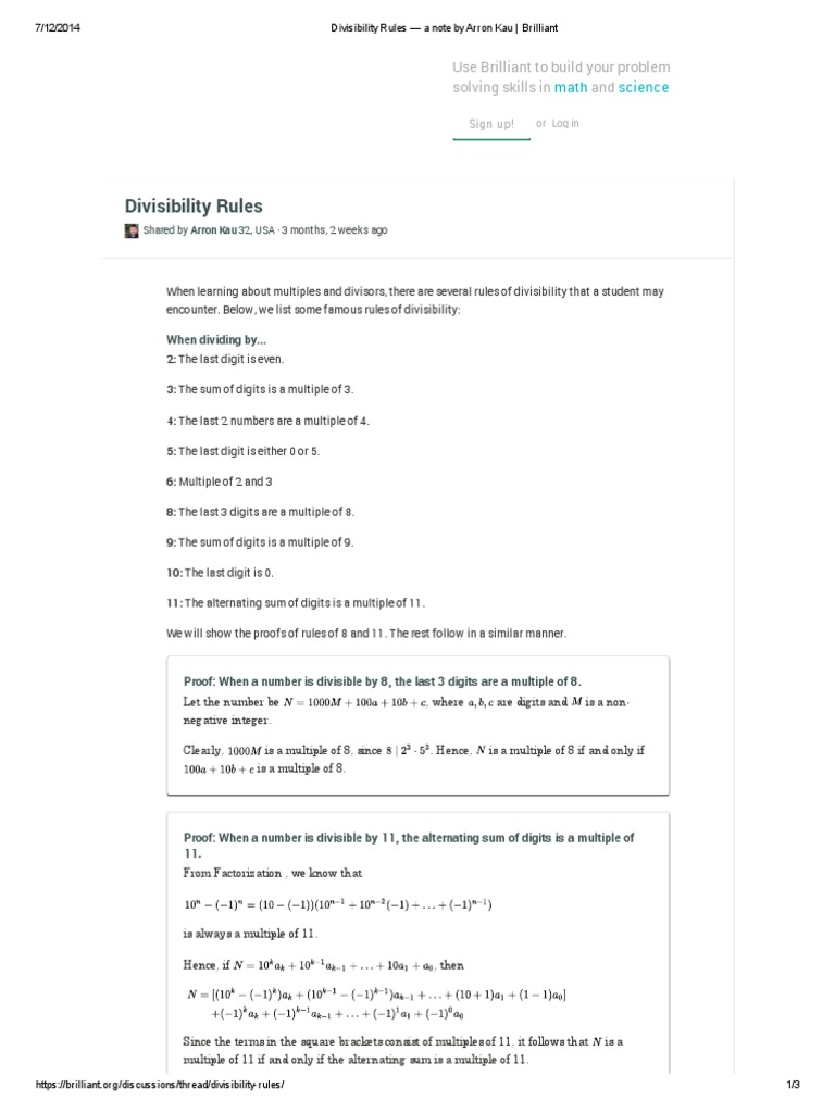 Divisibility Rules - A Note by Arron Kau - Brilliant | PDF | Arithmetic ...