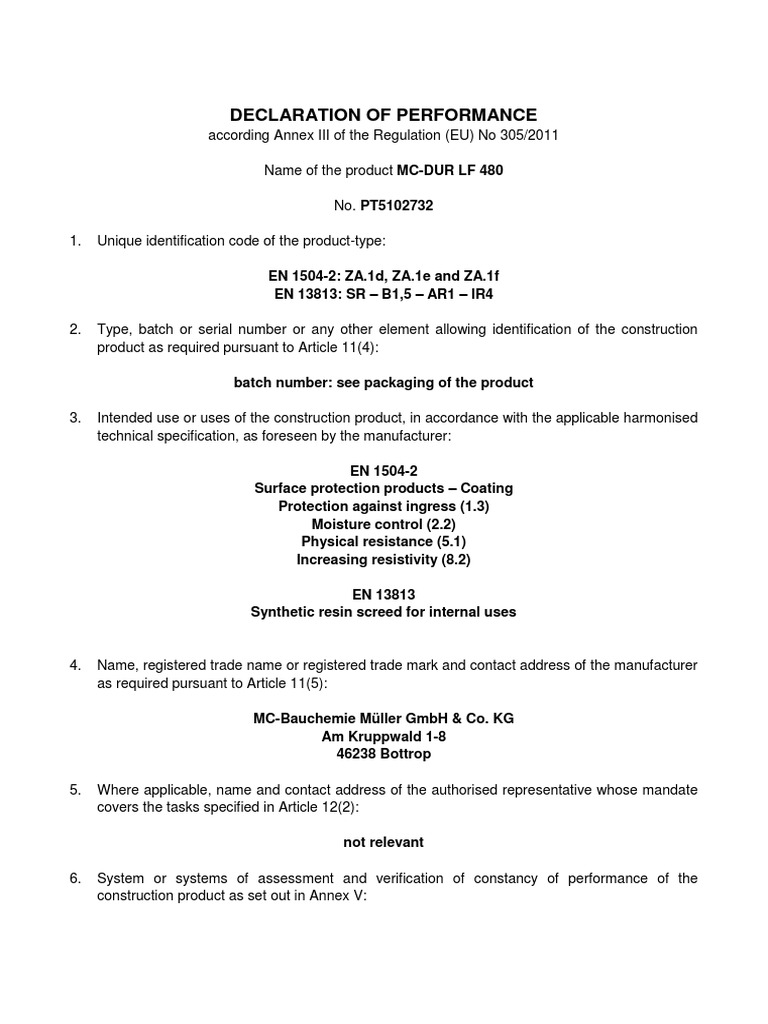 Declaration of Performance for MC-DUR LF 480 | PDF | Production And ...