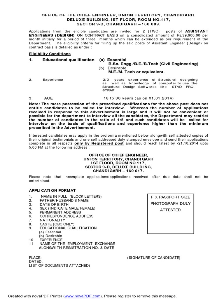 Chandigarh Assistant Engineer Jobs 2024 | PDF | Government Information ...