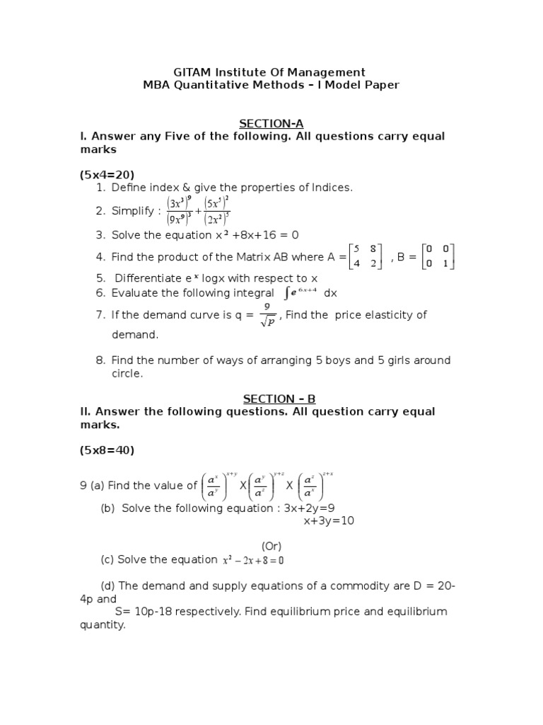 GITAM Institute of Management MBA Quantitative Methods - I Model Paper ...