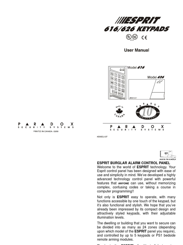 Paradox Esprit 616 and 626 Keypad User Manual | PDF | Security Alarm ...
