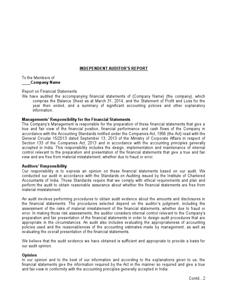 Audit Report Format for Non Caro | Auditor's Report | Audit