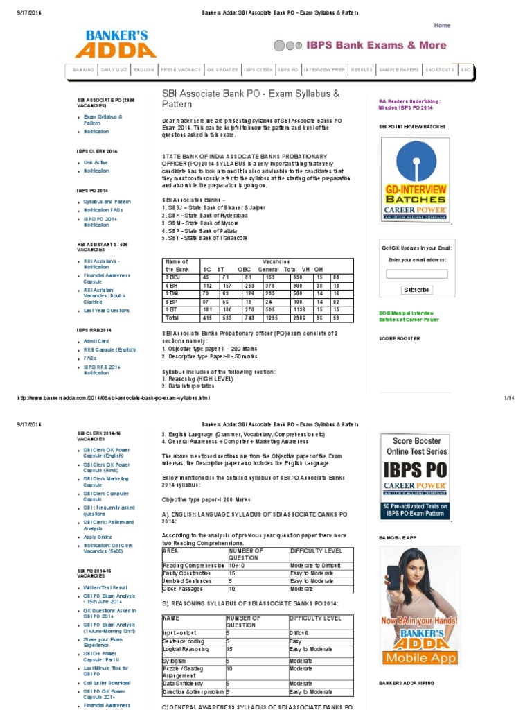 Bankers Adda - SBI Associate Bank PO - Exam Syllabus & Pattern | PDF ...
