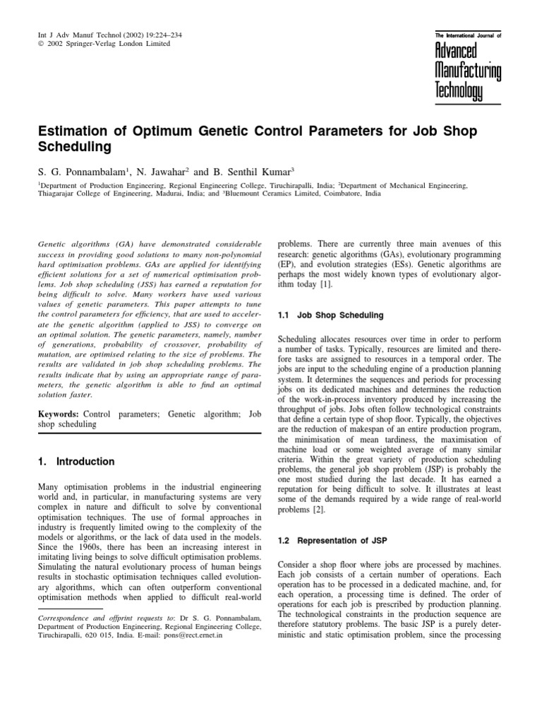 Estimation of Optimum Genetic Control Parameters For Job Shop Scheduling | PDF | Genetic ...