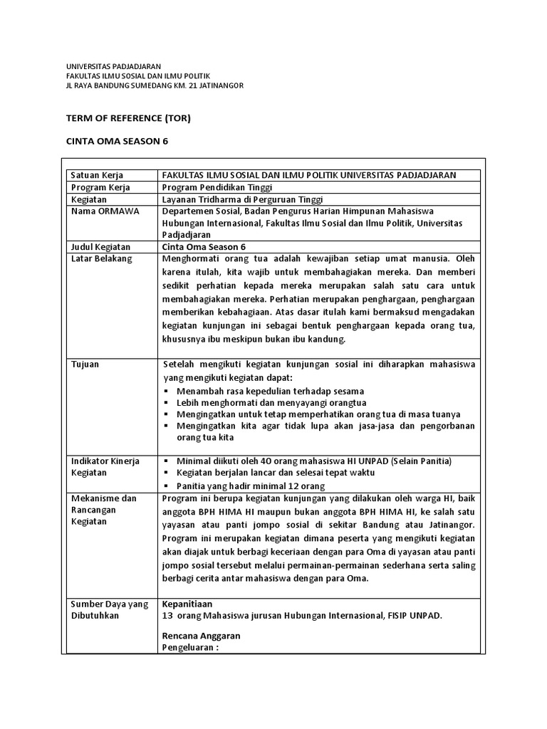 Contoh TOR Program Kerja Departemen | PDF