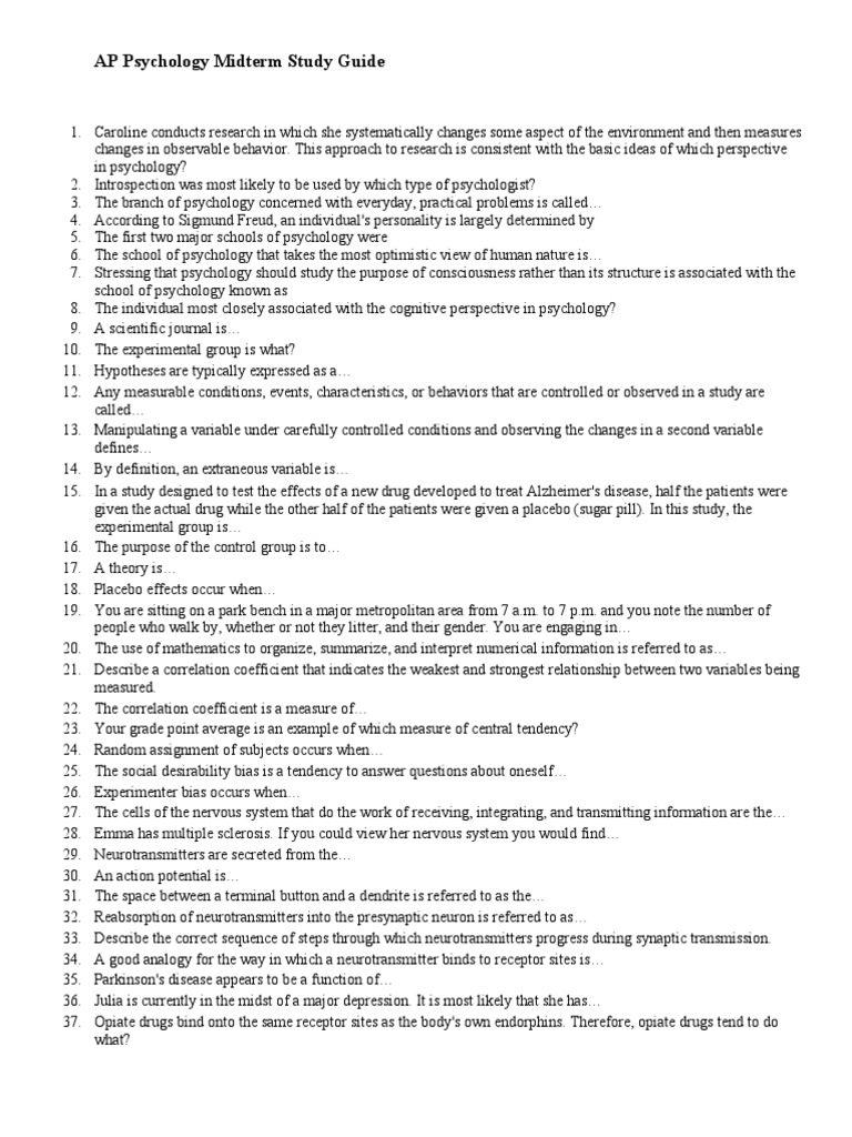 AP Psych Midterm Study Guide 09-10 Obj | PDF | Neurotransmitter ...