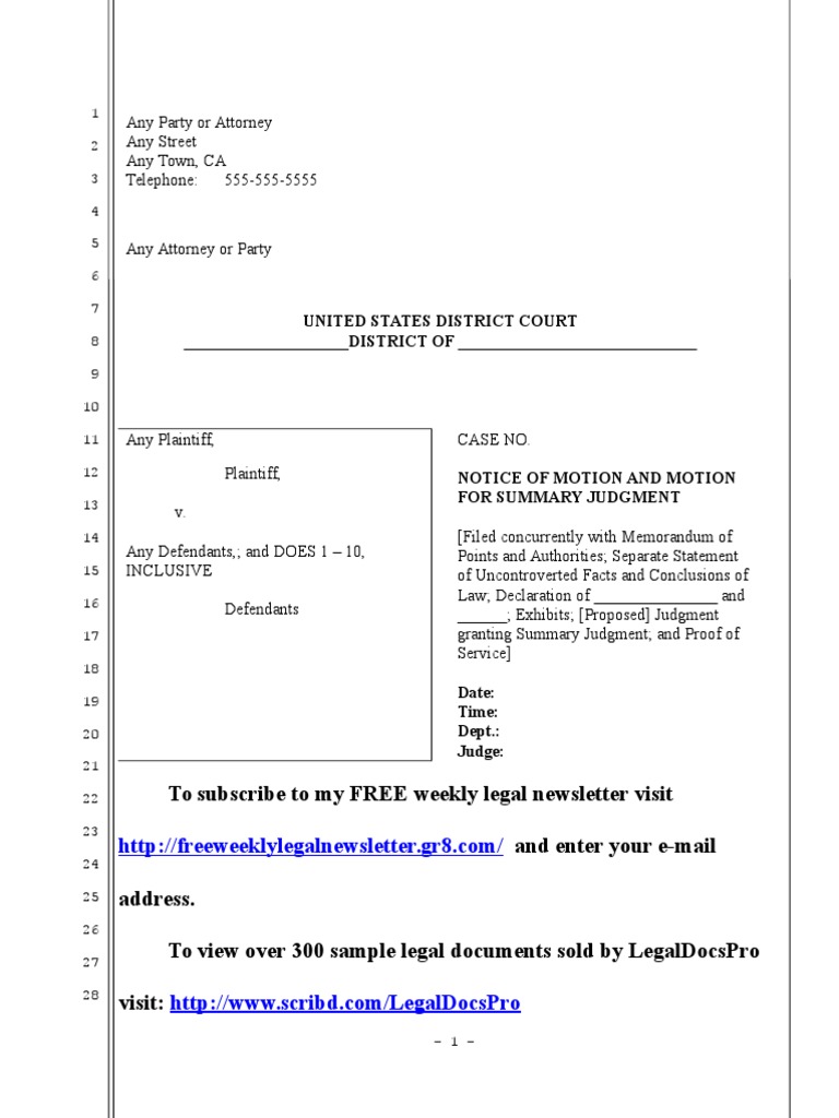 Sample Motion For Summary Judgment by Defendant in United States ...