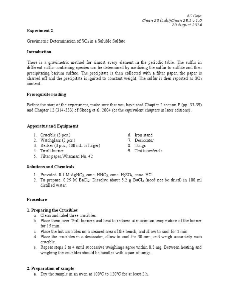 Gravimetric Analysis of SO3 in Sulfates | PDF | Precipitation ...
