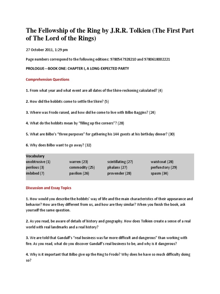 The Fellowship of The Ring by JRR Tolkien - Discussion Questions | PDF ...