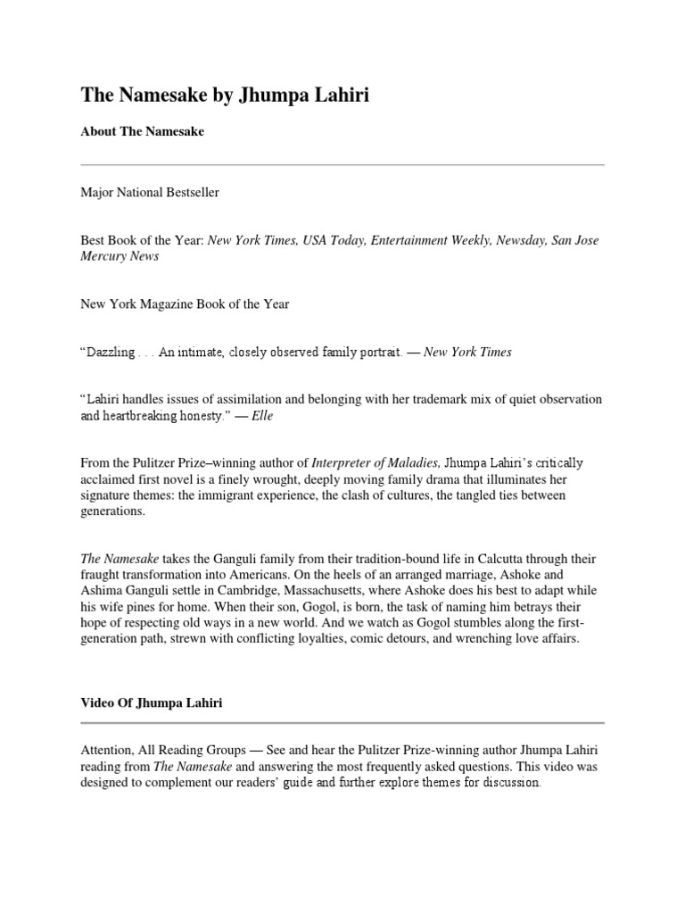 The Namesake by Jhumpa Lahiri - Discussion Questions | PDF