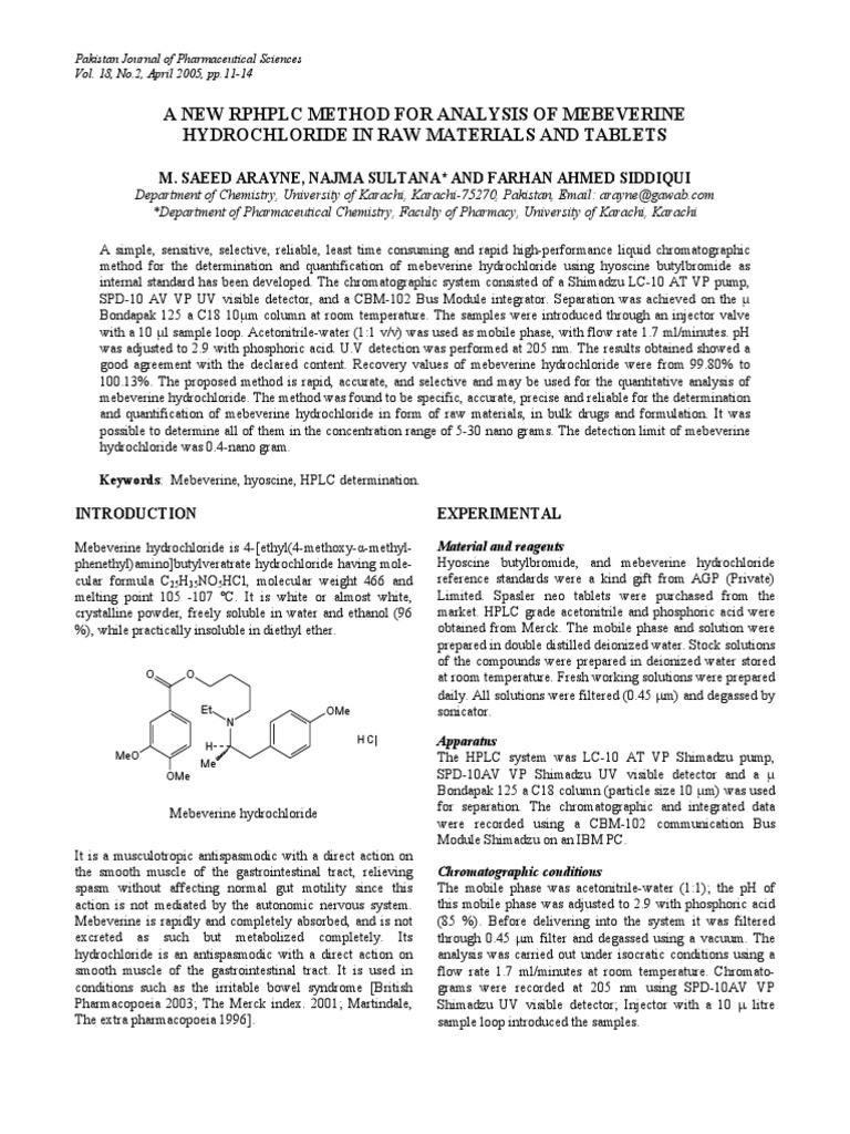 A New RP-HPLC Method For Analysis of Mebeverine Hydrochloride in Raw Materials and Tablets | PDF ...