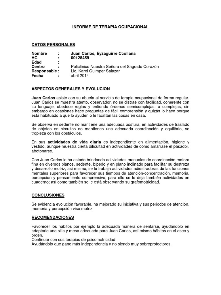 Informe de Terapia Ocupacional Juan Carlos EC