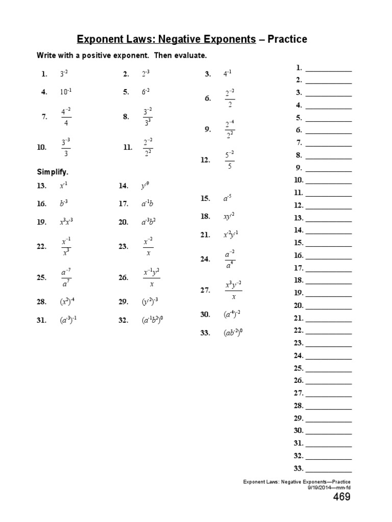469-2011-Exponent Laws - Negative Exponents - Practice | PDF | Science ...