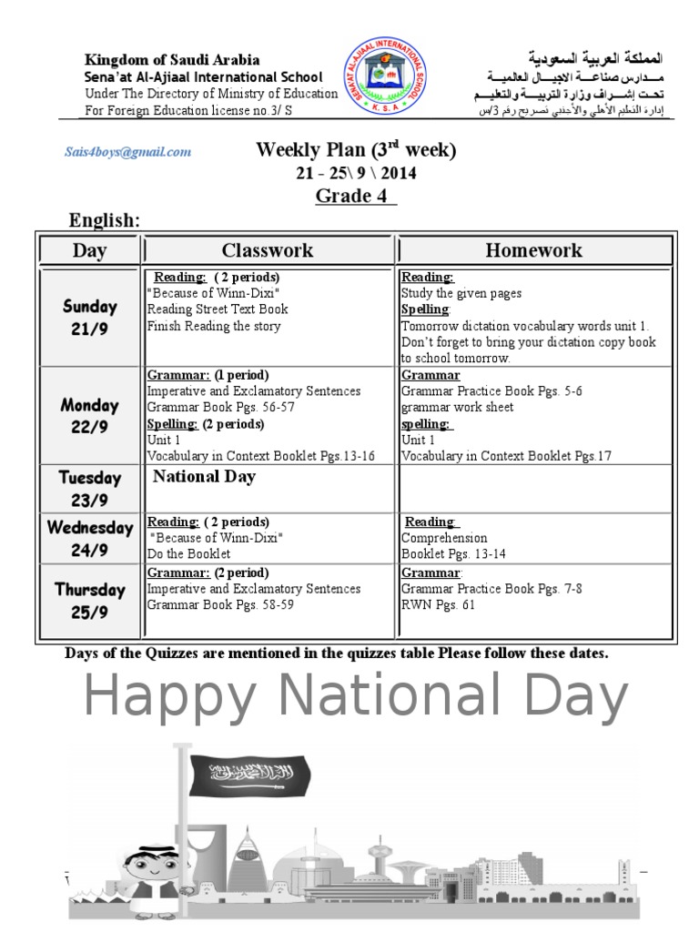 Happy National Day: Weekly Plan (3 Week) Grade 4 English: Day Classwork Homework | PDF ...