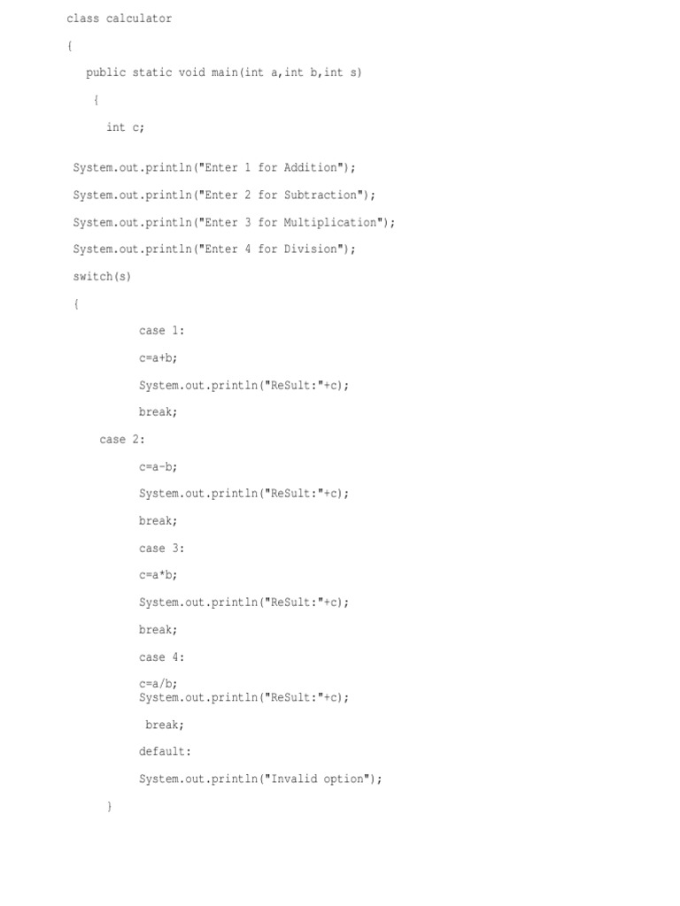 A Simple Java Program To Perform Basic Calculations Using A Switch Statement Pdf Computer